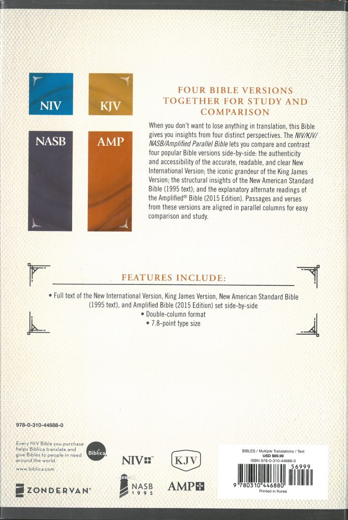 KJV/NIV/NASB/Amplified Parallel Bible, Hardcover | Gospel Publishers USA